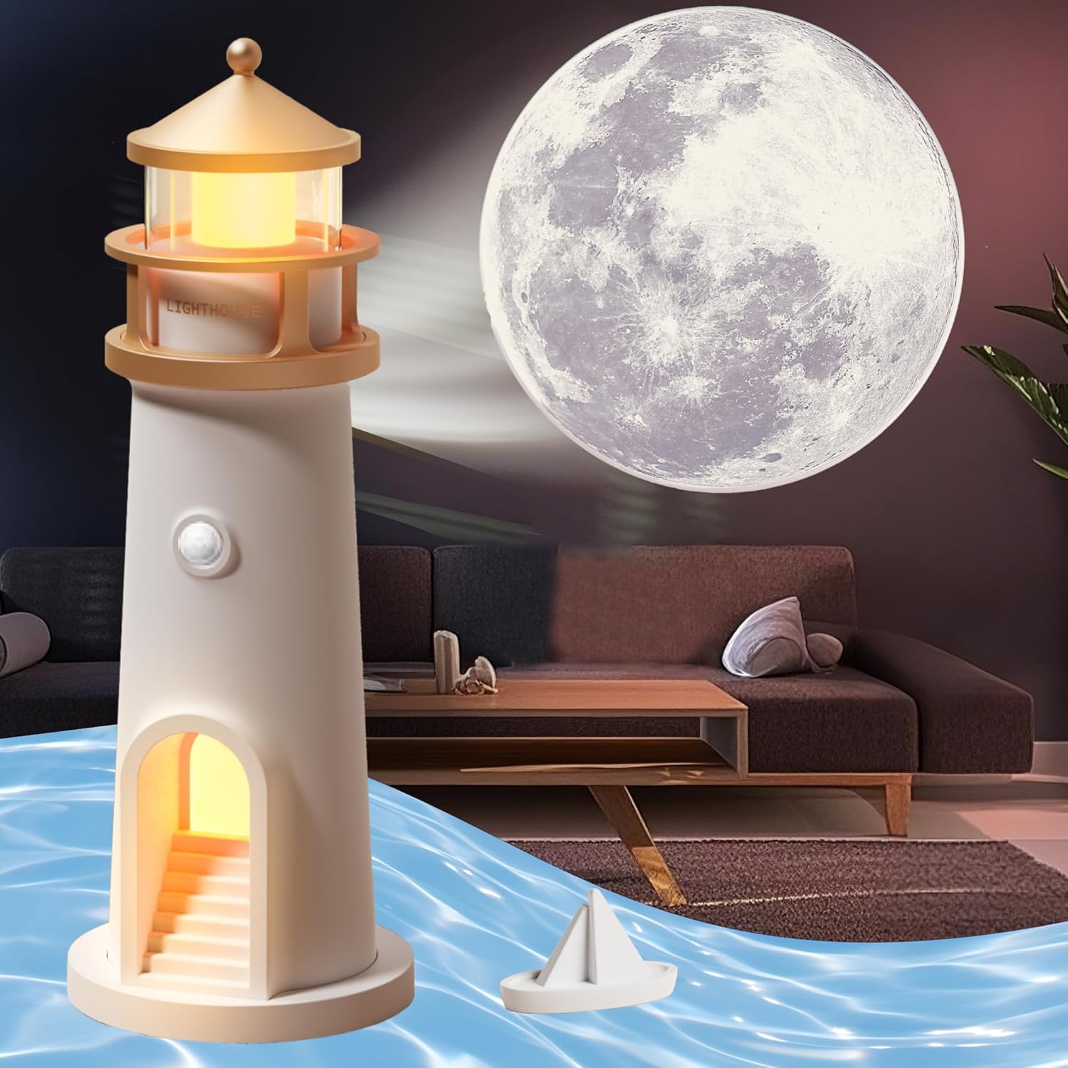 Moon Lamp Projector Night Lights, Moon Lighthouse Lamp, Human Motion ...