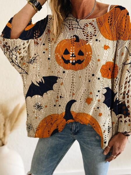 49%OFF🎃Women's Halloween Pumkin Print Long Sleeve Knit Top, Spring ...